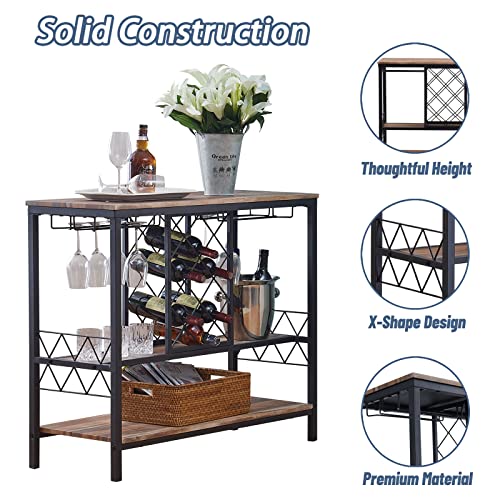 O&K FURNITURE Industrial Wine Rack Table with Glasses Holder, Liquor Bar Cabinet with Wine Storage, Freestanding Floor Wine Cabinet for for Bar, Buffet, Living Room