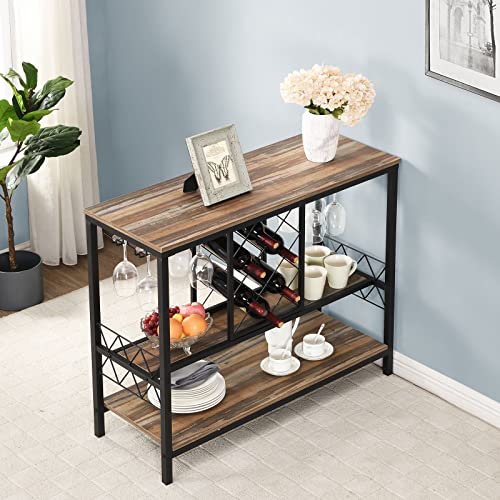 O&K FURNITURE Industrial Wine Rack Table with Glasses Holder, Liquor Bar Cabinet with Wine Storage, Freestanding Floor Wine Cabinet for for Bar, Buffet, Living Room