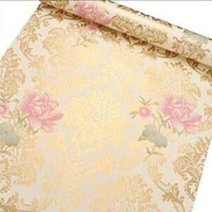 HOYOYO Self-Adhesive Shelf Liners Paper, Removable Self Adhesive Shelf Liner Dresser Drawer Wall Stickers Home Decoration, Gold Pink Flower 17.8 x 118 Inches