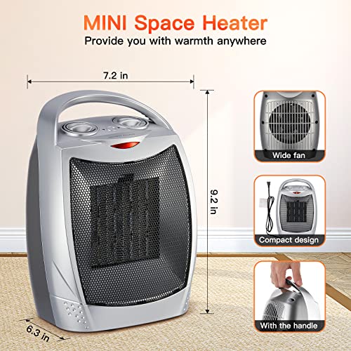 Portable Electric Space Heater 1500W/750W Personal Room Heater with Thermostat, Small Desk Ceramic Heater with Tip Over and Overheat Protection ETL Certified for Office Indoor Bedroom (Silver)