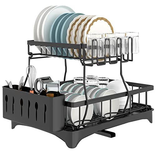 Dish Drying Rack, 2 Tier Large Dish Racks, Stainless Steel Dish Rack, Detachable, Space Saver, Anti Rust, Dish Drainers for Kitchen Counter With Drainboard and Drainage, 16"*12"*13", Black