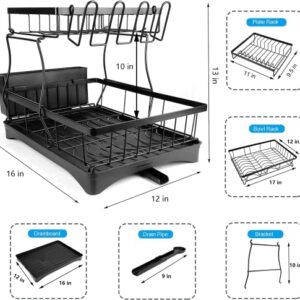 Dish Drying Rack, 2 Tier Large Dish Racks, Stainless Steel Dish Rack, Detachable, Space Saver, Anti Rust, Dish Drainers for Kitchen Counter With Drainboard and Drainage, 16"*12"*13", Black