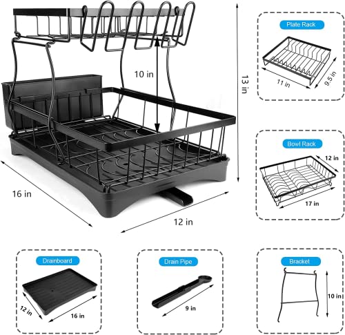 Dish Drying Rack, 2 Tier Large Dish Racks, Stainless Steel Dish Rack, Detachable, Space Saver, Anti Rust, Dish Drainers for Kitchen Counter With Drainboard and Drainage, 16"*12"*13", Black