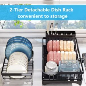 Dish Drying Rack, 2 Tier Large Dish Racks, Stainless Steel Dish Rack, Detachable, Space Saver, Anti Rust, Dish Drainers for Kitchen Counter With Drainboard and Drainage, 16"*12"*13", Black