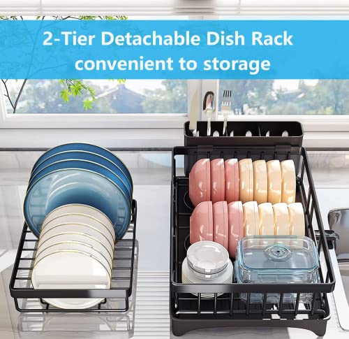 Dish Drying Rack, 2 Tier Large Dish Racks, Stainless Steel Dish Rack, Detachable, Space Saver, Anti Rust, Dish Drainers for Kitchen Counter With Drainboard and Drainage, 16"*12"*13", Black