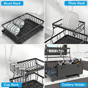 Dish Drying Rack, 2 Tier Large Dish Racks, Stainless Steel Dish Rack, Detachable, Space Saver, Anti Rust, Dish Drainers for Kitchen Counter With Drainboard and Drainage, 16"*12"*13", Black