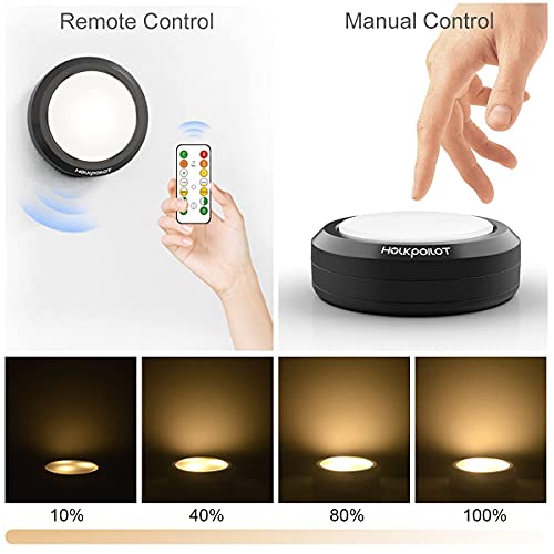 HOLKPOILOT Puck Lights with Remote Control, LED Under Cabinet Lights,Under Counter Light Battery Operated, Closet Light Dimmable,Wireless Under Cabinet Lighting, Stick On Lights(4PACK)