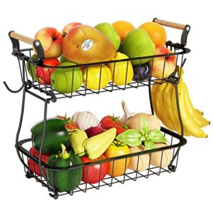 2 tier fruit basket with 2 banana hangers, countertop fruit vegetable basket bowl for kitchen counter metal wire storage basket fruits stand holder organizer for bread snack veggies produce, black