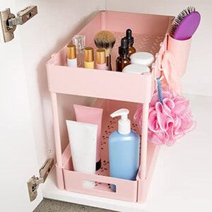 Under Sink Organizers and Storage, 2 Tier Cabinet Organizer with Sliding Pull Out Drawer, Multi-purpose Under Sink Organizer Shelf With Hooks for Bathroom Kitchen, Pink