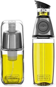 dwËllza kitchen olive oil dispenser bottle for kitchen and olive oil sprayer for cooking set – olive oil sprayer mister 6 oz and glass oil bottle 17 oz with measuring pump drip-free stainless spout