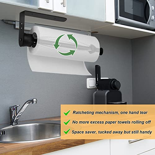 Single Hand Paper Towel Holder, Black Paper Towel Holder with Ratcheting Mechanism Paper Towel Dispenser Wall Mount Under Cabinet Paper Towel Holder Self-Adhesive or Drilled for Kitchen Bathroom RV