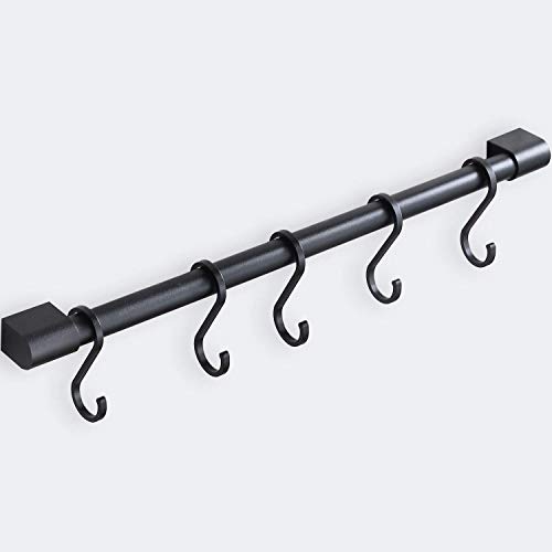 MIAOHUI Kitchen Rail with Hooks, Pan and Pot Hangers for Kitchen Wall Mount, Kitchen Utensil Rack with Removable S Hook, Aluminum (17.3inch_Black_5Hooks)