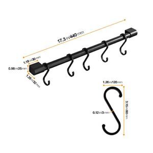 MIAOHUI Kitchen Rail with Hooks, Pan and Pot Hangers for Kitchen Wall Mount, Kitchen Utensil Rack with Removable S Hook, Aluminum (17.3inch_Black_5Hooks)