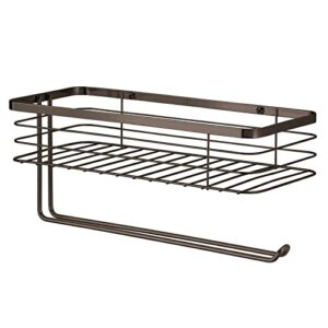 mdesign steel horizontal wall mount paper towel holder with basket storage organizer for kitchen countertop, pantry, cabinet, cupboard – holds spices, snacks, drinks – carson collection – bronze