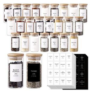 czzgsm 24 pcs glass spice jars with 296 spice labels preprinted of white and black color- 4oz thicken(2.4mm) spice containers with bamboo airtight lids – empty small herb seasoning jars