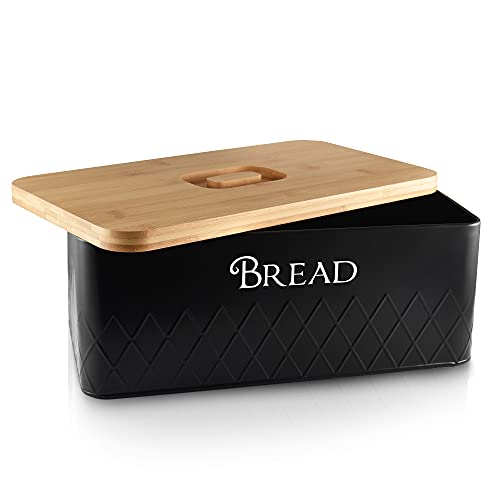 Baking & Beyond Bread Box with Bamboo Cutting Board Lid, 13"x7.5"x5" Space-Saving Bread Box for Kitchen Countertop, Bread Storage Container Holder, Bread Keeper Bin - Fresh Loaves, Black