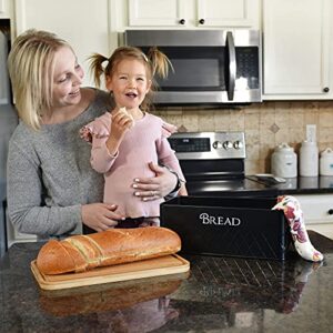 Baking & Beyond Bread Box with Bamboo Cutting Board Lid, 13"x7.5"x5" Space-Saving Bread Box for Kitchen Countertop, Bread Storage Container Holder, Bread Keeper Bin - Fresh Loaves, Black