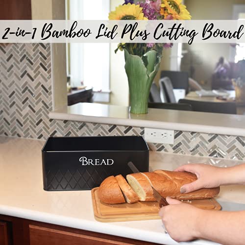 Baking & Beyond Bread Box with Bamboo Cutting Board Lid, 13"x7.5"x5" Space-Saving Bread Box for Kitchen Countertop, Bread Storage Container Holder, Bread Keeper Bin - Fresh Loaves, Black