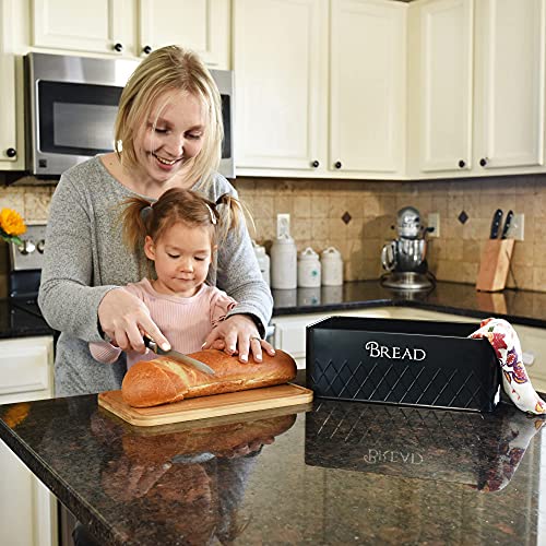 Baking & Beyond Bread Box with Bamboo Cutting Board Lid, 13"x7.5"x5" Space-Saving Bread Box for Kitchen Countertop, Bread Storage Container Holder, Bread Keeper Bin - Fresh Loaves, Black