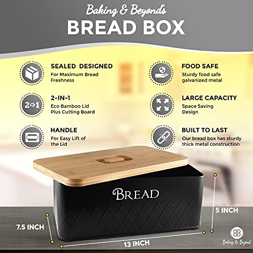 Baking & Beyond Bread Box with Bamboo Cutting Board Lid, 13"x7.5"x5" Space-Saving Bread Box for Kitchen Countertop, Bread Storage Container Holder, Bread Keeper Bin - Fresh Loaves, Black