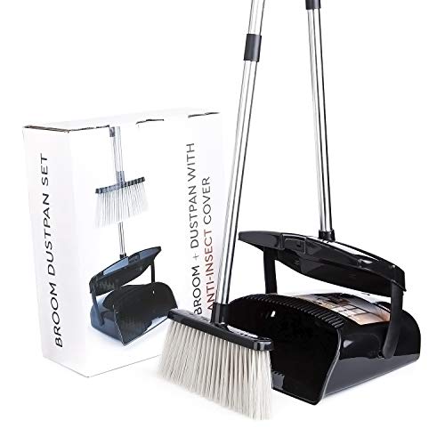 Broom and Dustpan Set for Home with Lid Indoor Upright Dustpan and Broom Combo Dust Pan with Long Handle Standing Sweeper Angle Broom Sweeping Room Office Garden Kitchen Floor Kids Pet Hair