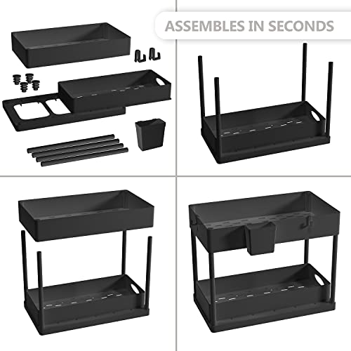 Under Sink Organizers and Storage | Bathroom Cabinet Organizer, Sink Shelf with Utility Hooks and Side Caddy for Under Cabinet Storage |Black (1-Pack) Under Kitchen Sink Organizer with Sliding Drawer