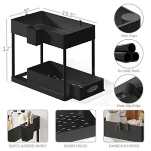 Under Sink Organizers and Storage | Bathroom Cabinet Organizer, Sink Shelf with Utility Hooks and Side Caddy for Under Cabinet Storage |Black (1-Pack) Under Kitchen Sink Organizer with Sliding Drawer