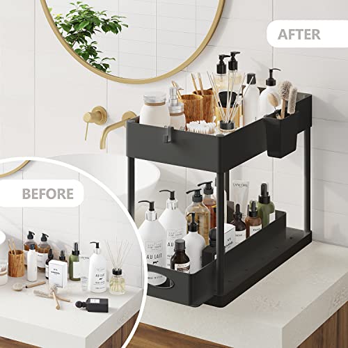 Under Sink Organizers and Storage | Bathroom Cabinet Organizer, Sink Shelf with Utility Hooks and Side Caddy for Under Cabinet Storage |Black (1-Pack) Under Kitchen Sink Organizer with Sliding Drawer