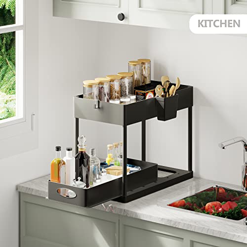 Under Sink Organizers and Storage | Bathroom Cabinet Organizer, Sink Shelf with Utility Hooks and Side Caddy for Under Cabinet Storage |Black (1-Pack) Under Kitchen Sink Organizer with Sliding Drawer