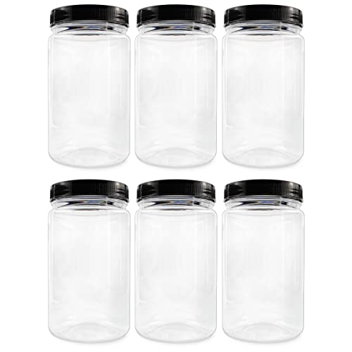 Cornucopia 32oz Clear Plastic Jars with Black Ribbed Lids (6 pack): BPA Free PET Quart Size Canisters for Kitchen & Household Storage