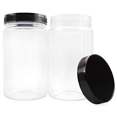 Cornucopia 32oz Clear Plastic Jars with Black Ribbed Lids (6 pack): BPA Free PET Quart Size Canisters for Kitchen & Household Storage