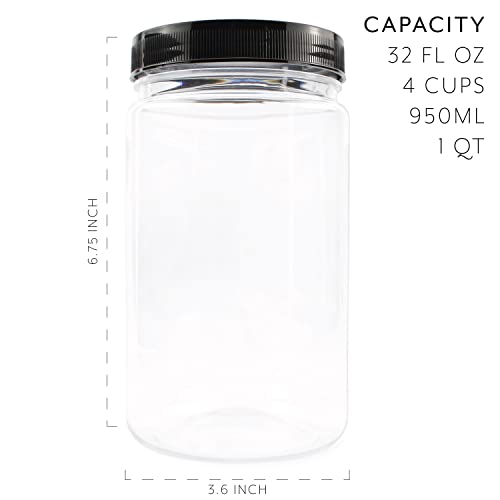 Cornucopia 32oz Clear Plastic Jars with Black Ribbed Lids (6 pack): BPA Free PET Quart Size Canisters for Kitchen & Household Storage