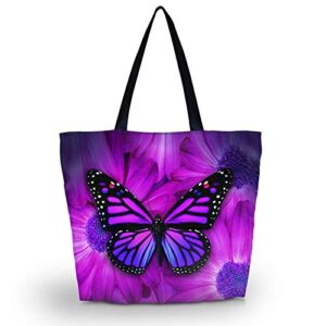 beach bag–toy tote bag–large lightweight market,grocery & picnic tote with eco reusable eco-friendly shopping bag handle case bag school shopping large grocery shoulder bag (purple big butterfly)