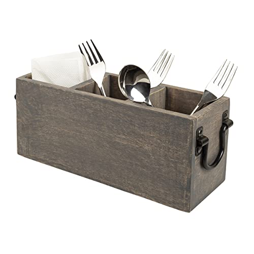 GoCraft 3 Compartment Flatware Caddy, Cutlery Utensil Holder, Organizer Caddy Box For Cooking, Silverware, Flatware, Sauce Spoon, Tongs, and More, Grey Washed Mango Wood Caddy with Metal Handles