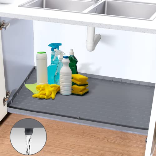 TACHLAND Under Sink Mat 34 x 22 Waterproof Under Kitchen Sink Mat Cabinet Mat with Drain Hole Under Sink Tray for Bathroom, Fits 36" Cabinet, Dark Grey