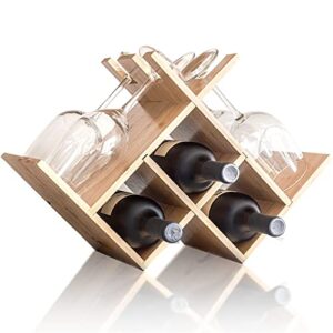 rehau wood wine racks countertop with glass holder (4) – sturdy bamboo wine rack, 3 wine bottle holder – small wine holder stand, wooden wine rack countertop – small wine rack with glass