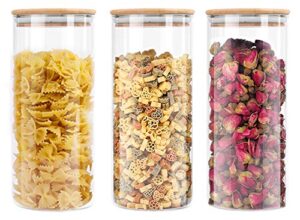 lawei 3 pack glass storage jars with sealed bamboo lids – 51 oz clear glass bulk food storage canister for serving tea, coffee, spice, candy, cookie