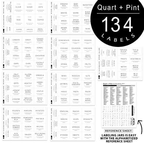 Quart + Pint Made by Sketch Concepts. 134 Kitchen Pantry Labels for Containers. Minimalist Preprinted Farmhouse Style. White Matte Sticker Black Text. Waterproof Stickers. Organization Jars Canisters