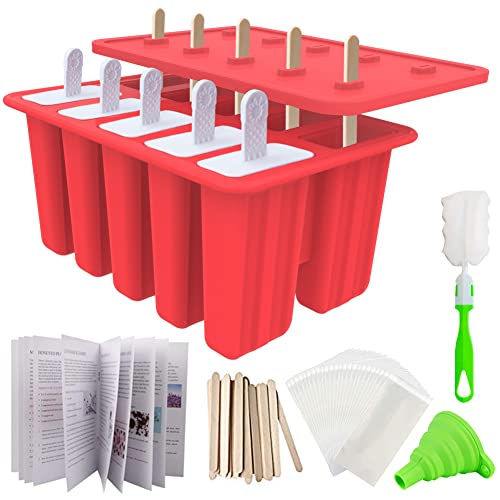 Homemade Popsicle Molds Shapes, Silicone Frozen Ice Popsicle Maker-BPA Free, with 50 Popsicle Sticks, 50 Popsicle Bags, 10 Reusable Popsicle Sticks, Funnel and Ice Pop Recipes