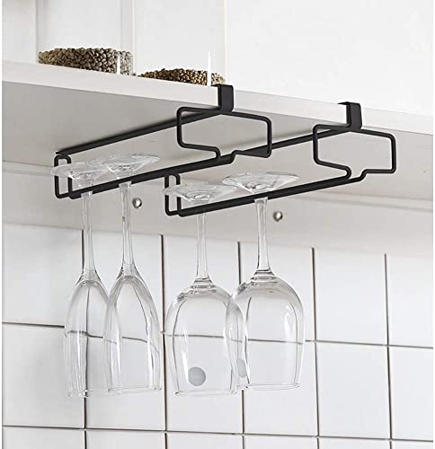 LINFIDITE Wine Glass Holder 2PCS Stemware Rack Hanger Under Cabinet Wine Glass Rack Kitchen Hanging Glass Storage Rack Organizer,Black