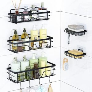 vtopmart 5 pack shower caddy shelves organizer with 4 hooks, self adhesive shower rack storage shelf for inside shower, stainless steel bathroom shower wall organization, black