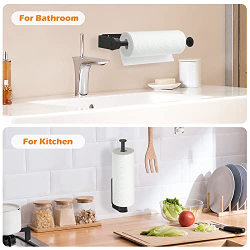 Paper Towel Holder Under Cabinet , One Hand Operable Paper Towel Holder Wall Mount with Damping Effec, Under Counter Paper Towel Holder Self-Adhesive or Drilled, for Kitchen, Bathroom ( Black)