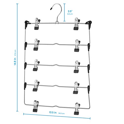 ZOBER Space Saving 5 Tier Metal Skirt Hanger with Clips (3pk) Hang 5-on-1, Gain 70% More Space,Rubber Coated Hanger Clips,360 Swivel Hook,Adjustable Clips Pants Hanger,Hang Slack,Trouser,Jeans,Towels