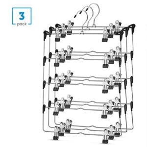 ZOBER Space Saving 5 Tier Metal Skirt Hanger with Clips (3pk) Hang 5-on-1, Gain 70% More Space,Rubber Coated Hanger Clips,360 Swivel Hook,Adjustable Clips Pants Hanger,Hang Slack,Trouser,Jeans,Towels