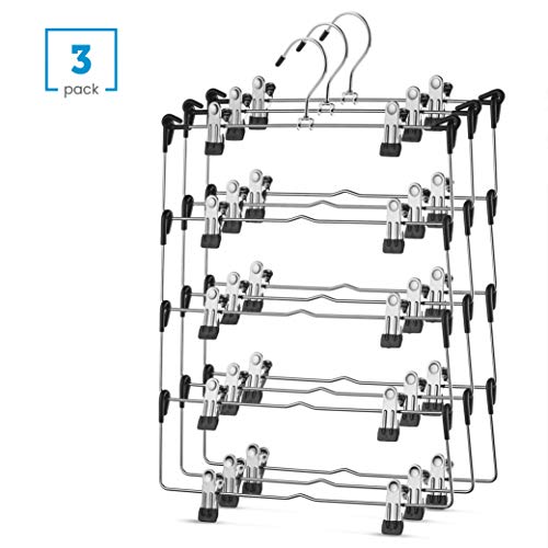 ZOBER Space Saving 5 Tier Metal Skirt Hanger with Clips (3pk) Hang 5-on-1, Gain 70% More Space,Rubber Coated Hanger Clips,360 Swivel Hook,Adjustable Clips Pants Hanger,Hang Slack,Trouser,Jeans,Towels