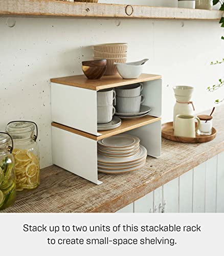 Yamazaki Wood-Top Stackable Kitchen Rack-Modern Counter Shelf Organizer, White