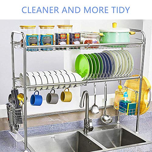 Over The Sink Dish Drying Rack, 2-Tier Stainless Steel Large Dish Drainers Over Sink Dish Rack with Utensil Holder, Length Adjustable(Sink Size ≤ 35 INCH)