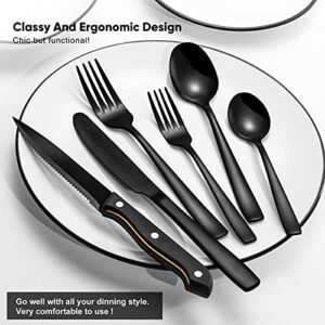 NETANY 24 Pieces Black Silverware Set, Black Flatware Set, Food-Grade Stainless Steel Cutlery Set for 4, Tableware Eating Utensils, Mirror Finished, Dishwasher Safe