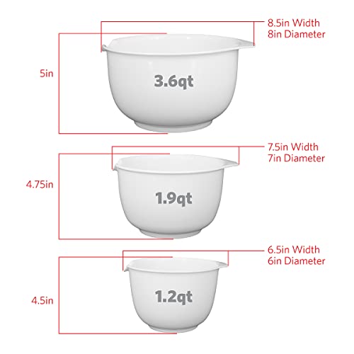 Glad Mixing Bowls with Pour Spout, Set of 3 | Nesting Design Saves Space | Non-Slip, BPA Free, Dishwasher Safe | Kitchen Cooking and Baking Supplies, White