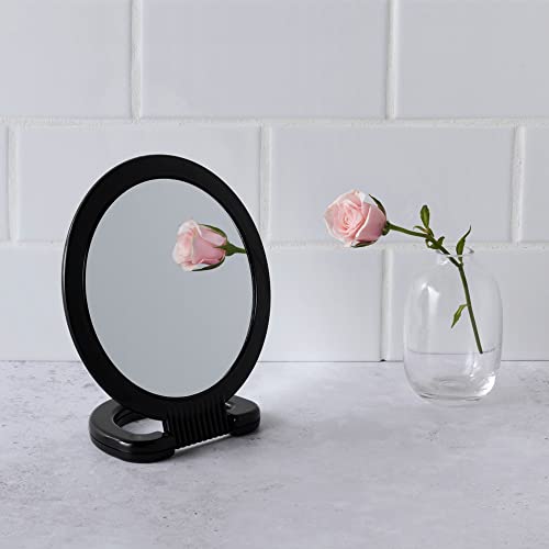 Diane Plastic Handheld Mirror – Magnifying 2-Sided Vanity Mirror with Folding Circle Handle and Stand for Hanging – Medium Size, 6”x 10” for Travel, Bathroom, Desk, Makeup, Beauty, Grooming, D1014